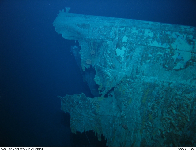 Dive 3 HMAS Sydney II Debris Field Damage to aft end of inverted bow ...
