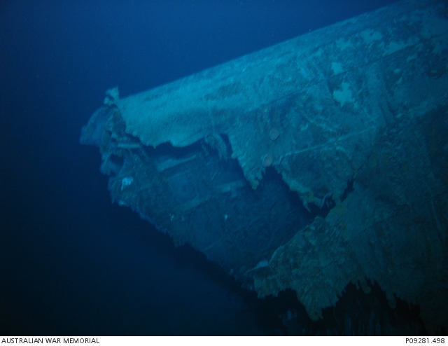 Dive 3 HMAS Sydney II Debris Field Damage to aft end of inverted bow ...