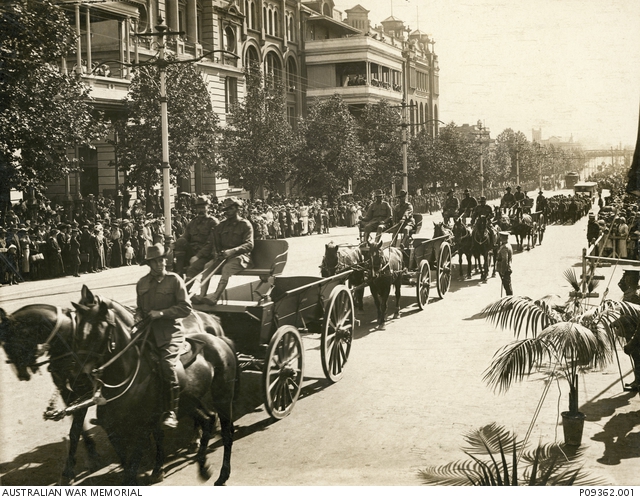 A parade of troops moving along King William Street in Adelaide, South ...