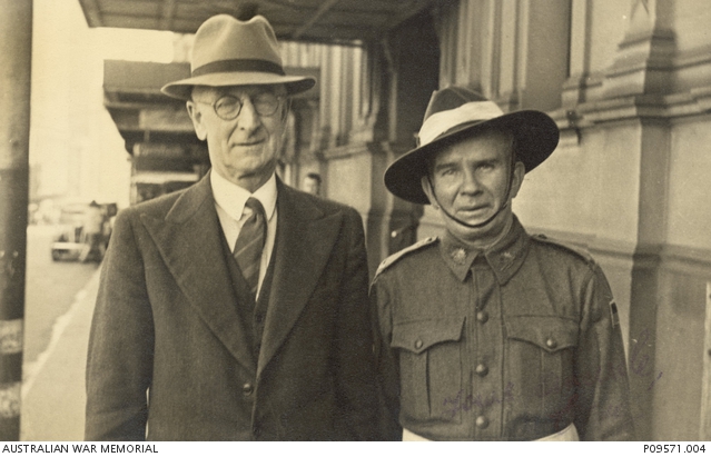 Informal portrait of Charles Bean and Private Ernie Bentley in a Sydney ...