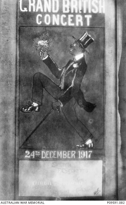 A theatrical billboard advertising a production by prisoners of war ...