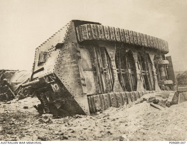 Tank knocked by 11" shell | Australian War Memorial