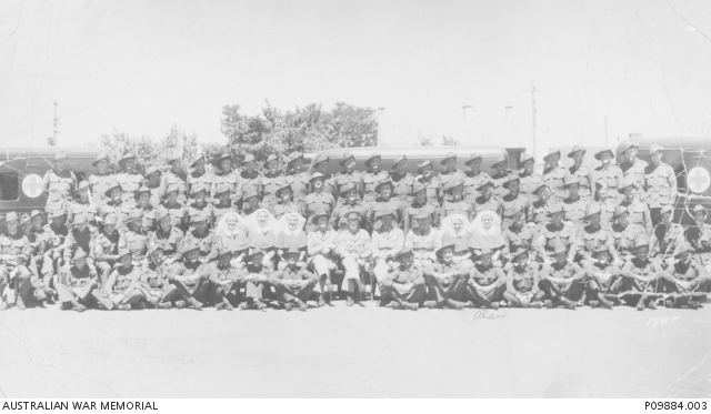 Outdoor group portrait of members of the Australian Army Medical Corps ...