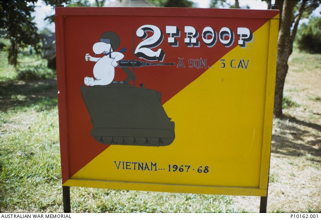 Sign representing 2 Troop, 3 Cavalry Regiment, RAAC divided diagonally ...