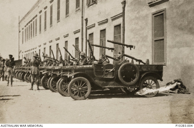 Nine T Model Ford cars of the RAF Light Armed Car Patrol lined up ...