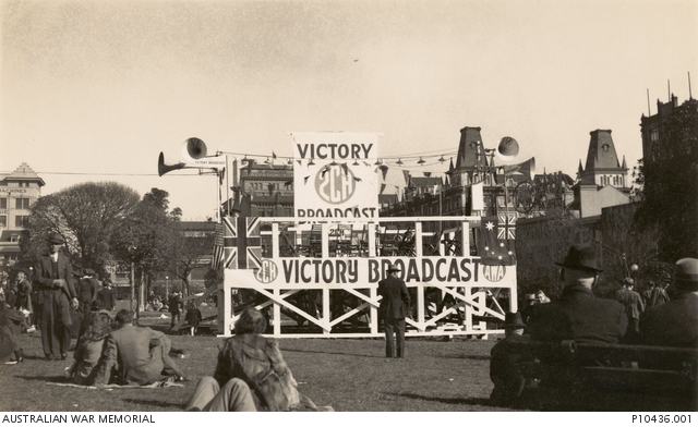 Photograph showing banners for 2CH Victory Broadcast | Australian War ...