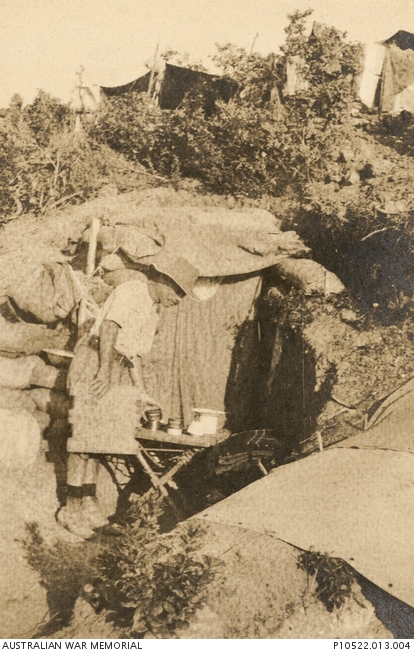 "Cook laying tea. Dugout in Victoria Gulley." This image is from the ...