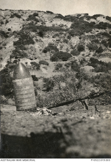 "Unexploded 9in [inch] shell and Turkish rifle." This image is from the ...