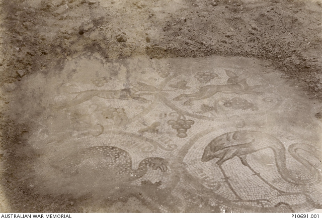 "Part of mosaic work, found at Shellal. Comprised of stones and of ...