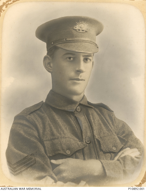 Studio portrait of 3047 Sergeant (Sgt) Percy James Kitchen, 47th Battalion, of Gympie QLD. A ...