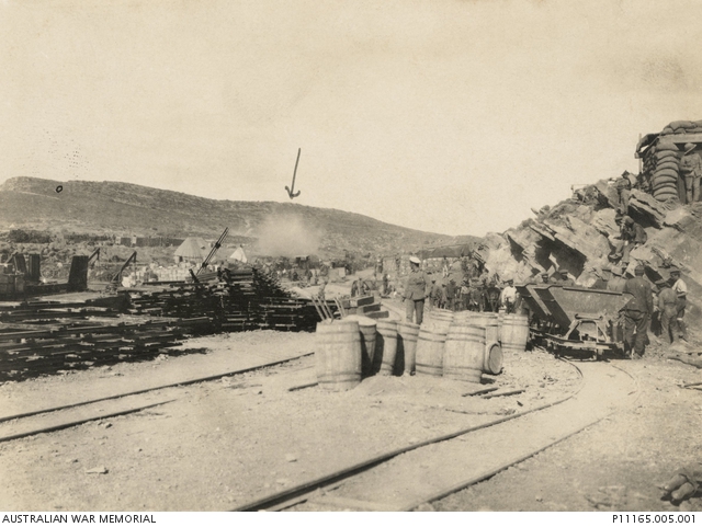 "Suvla Bay, Gallipoli. Showing burst of a common shell and men under ...