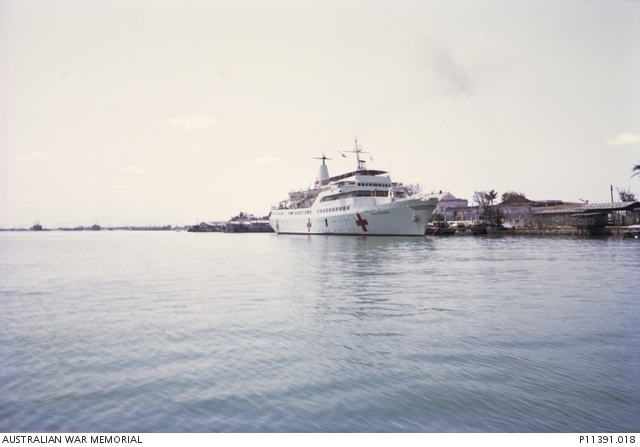 A West German hospital ship Helgoland tied up at Danang. The vessel and ...