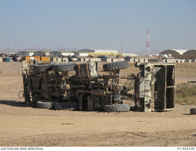 The skeleton of an armoured vehicle destroyed by an improvised ...