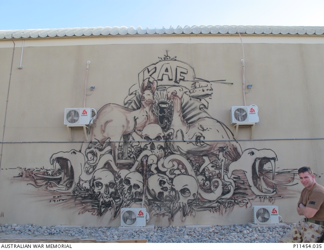 A wall at Camp Baker with graffiti created by Ben Quilty. One of a ...