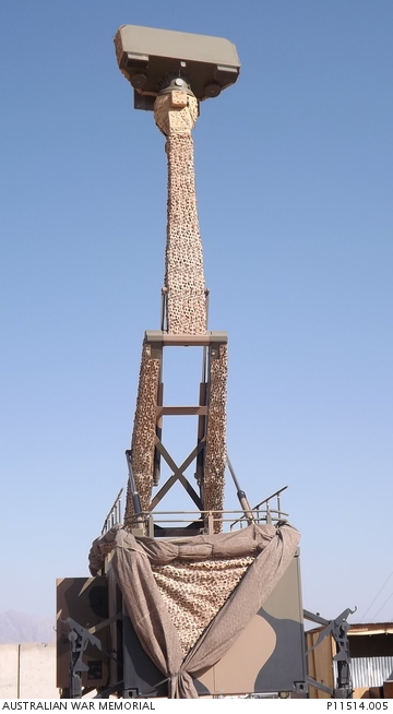 The Counter Rocket Artillery and Mortar (C-RAM) radar above the Multi ...