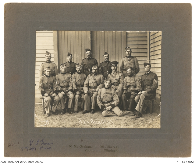 Group portrait of B Company, Victorian Rangers. Identified, third from ...