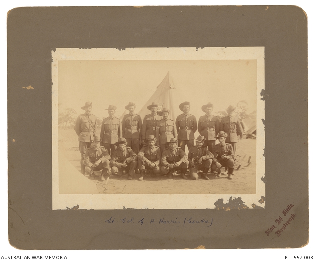 Group portrait of B Company, Victorian Rangers at camp. Identified ...