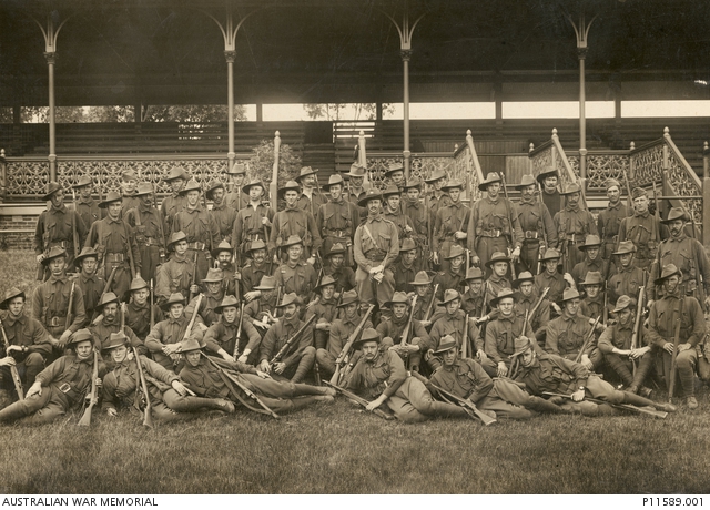 Group portrait of members of 11th Battalion whilst training, possibly ...