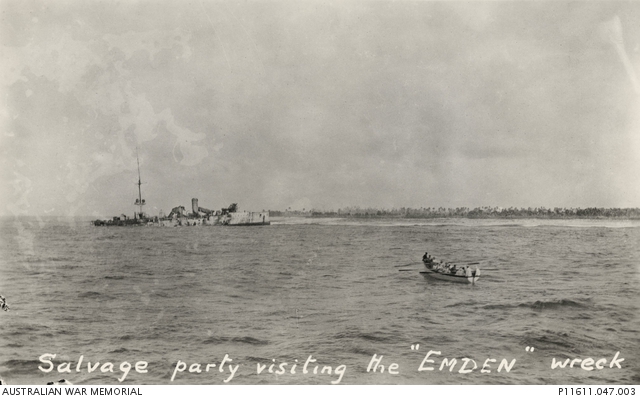 "The Emden ashore on North Keeling."(Album caption). "Salvage party ...