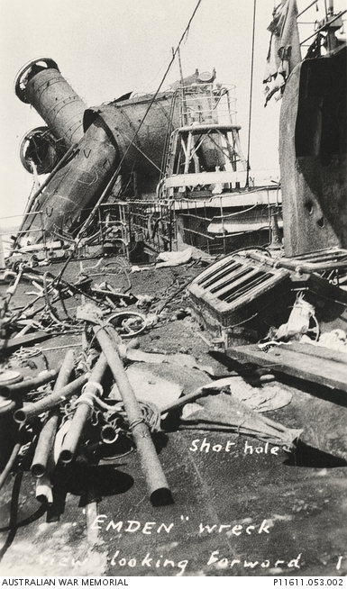 "On board the Emden."(Album caption). "EMDEN wreck view looking forward ...