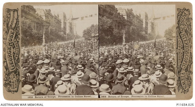 A crowd watches as Victorian troops, most likely the First and Second ...