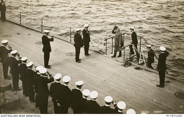 Minister for Navy, Joseph Cook boarding HMAS Australia when it was in ...