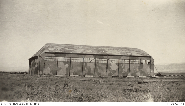 Camouflaged hangar of No. 3 Squadron, RAAF. The Squadron occupied Rayak ...
