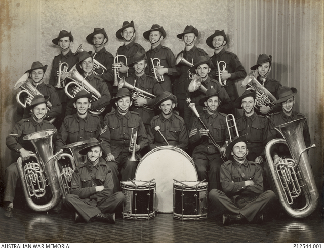 Group portrait of 15th Battalion Band, A.M.F. Back row: T.E Roache, R.S ...
