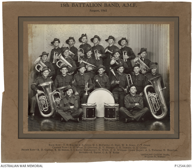 Group portrait of 15th Battalion Band, A.M.F. Back row: T.E Roache, R.S ...