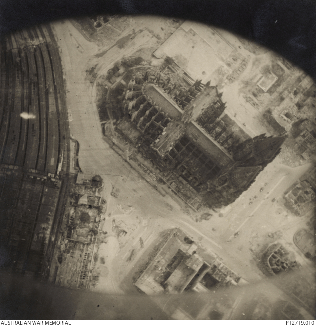 Photograph of Cologne Cathedral captured through the bomb-aim of an ...