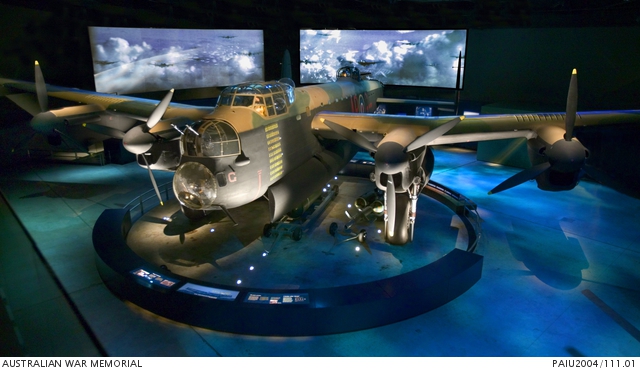 Lancaster G for George in ANZAC Hall during 'Striking by Night" light ...