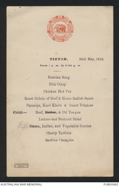 [Menu] from the Grand Oriental Hotel Colombo | Australian War Memorial