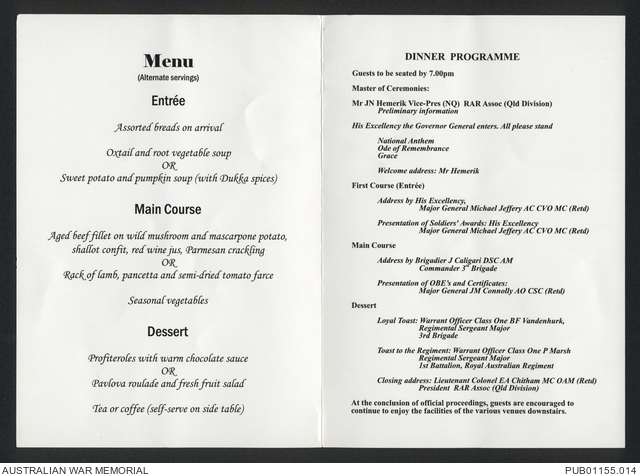 [Menu] Royal Australian Regiment, 60th Anniversary | Australian War ...