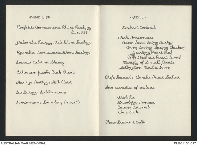 [Menu] The Army Sergeants' Mess, Spring Dinner Dance | Australian War ...