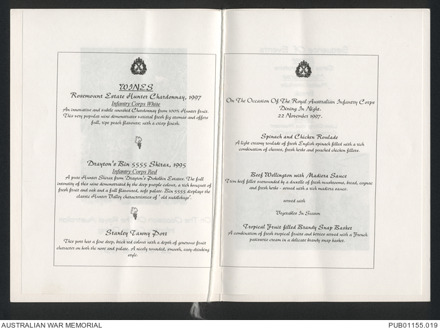 [Menu] Royal Australian Infantry Corps, Sergeants' Mess, Dining In ...