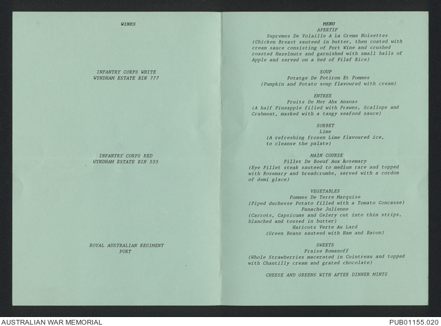 [Menu] The Royal Australian Regiment Association, Mixed Formal Dinner ...