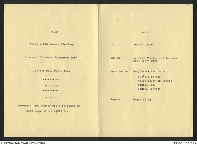 [Menu] Land Warfare Centre, WO course formal dinner | Australian War ...