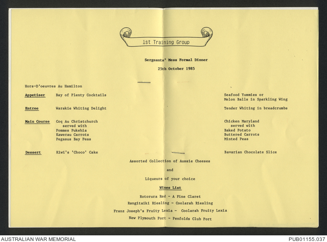 [Menu] 1st Training Group, Sergeants' Mess, Formal Dinner | Australian ...