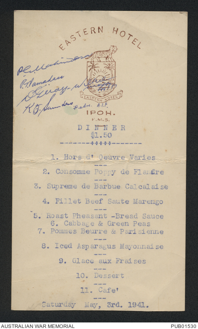[Menu] Eastern Hotel Dinner Menu, Saturday 3 May 1941. | Australian War ...