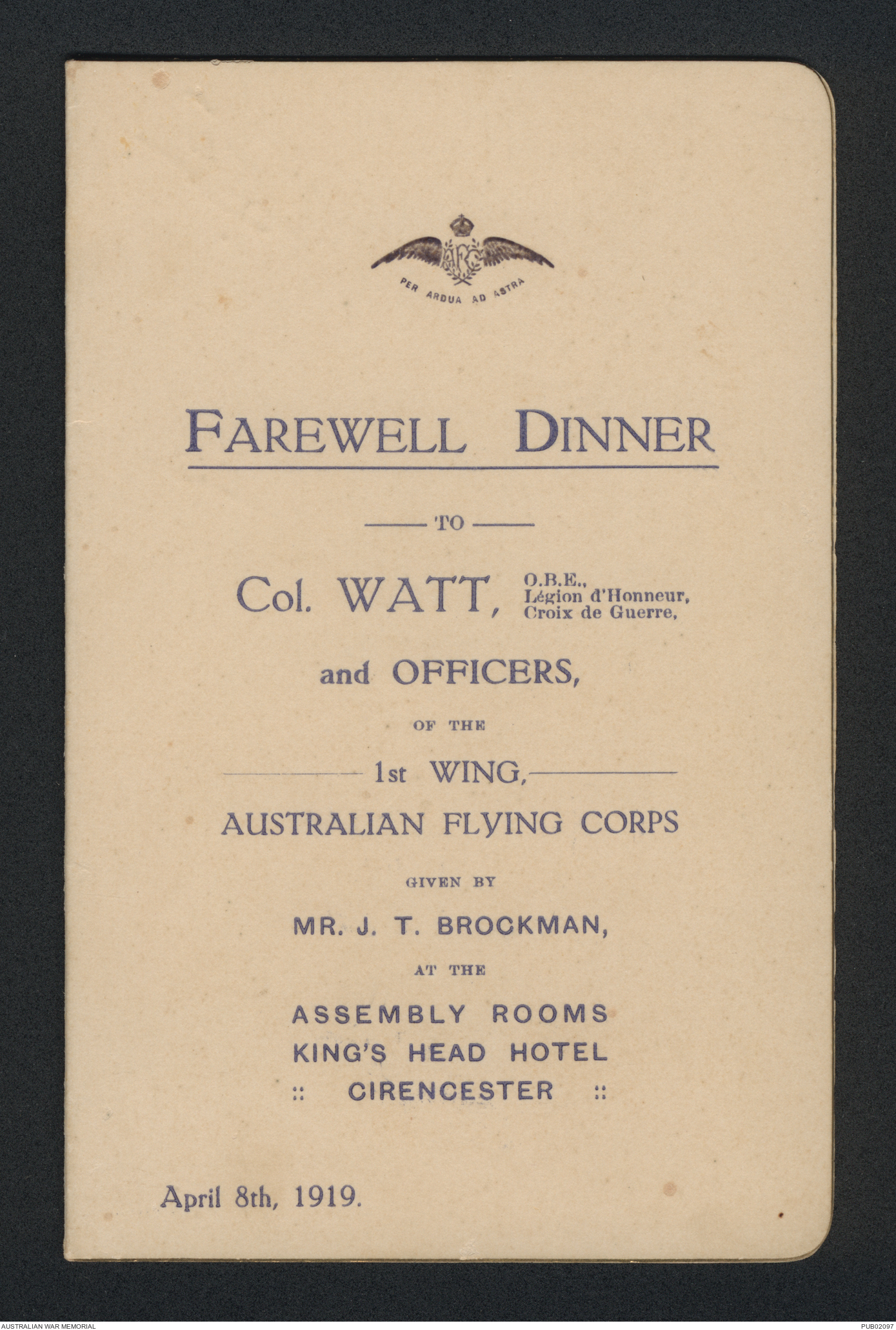 [Menu] Farewell Dinner Menu for Col. Watt and the 1st Wing, Australian ...