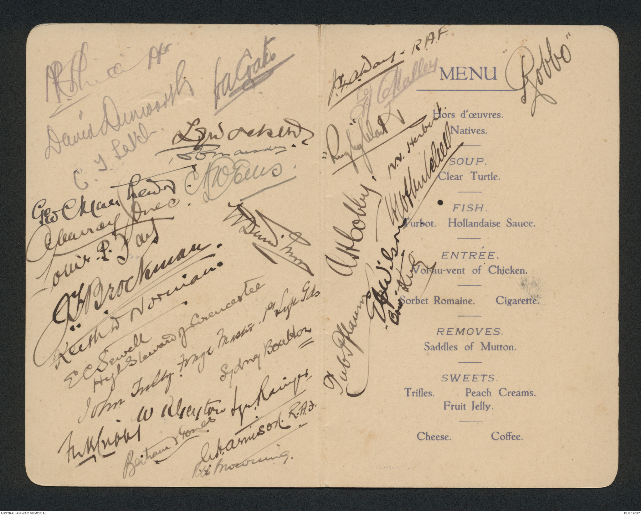 [Menu] Farewell Dinner Menu for Col. Watt and the 1st Wing, Australian ...