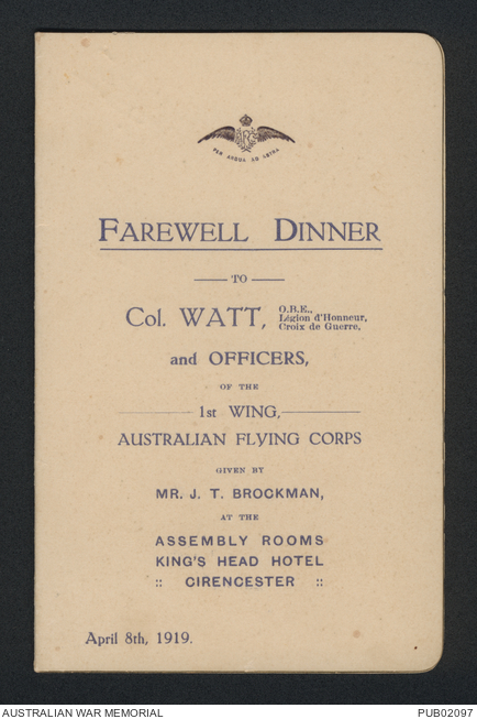 [Menu] Farewell Dinner Menu for Col. Watt and the 1st Wing, Australian ...