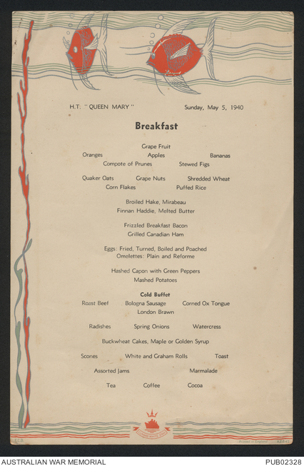 [Menu] H.T. "Queen Mary" Officers breakfast menu for Sunday, May 5 ...