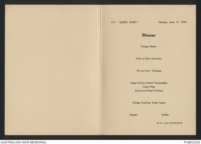 [Menu] H.T. "Queen Mary" W.O.'s and Sergeants dinner menu dated Monday ...