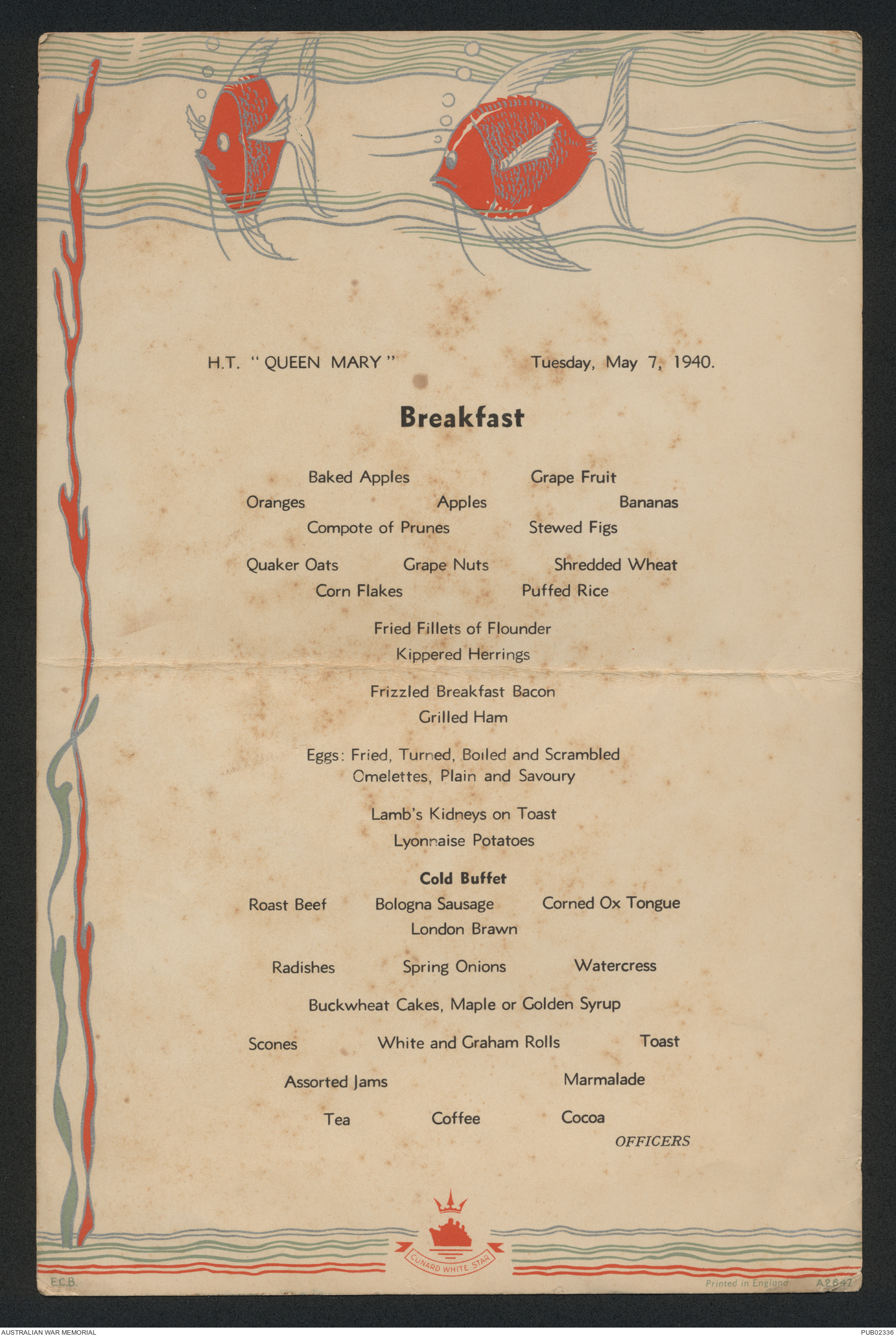 [Menu] H.T. "Queen Mary" breakfast menu Tuesday May 7, 1940 ...