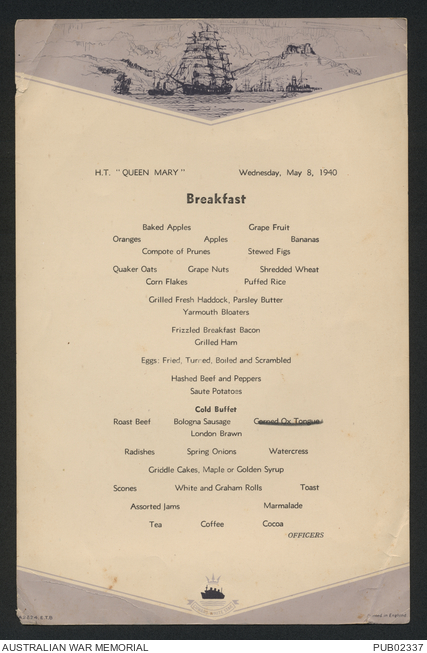 [Menu] H.T. "Queen Mary" breakfast menu for officers Wednesday, May 8 ...