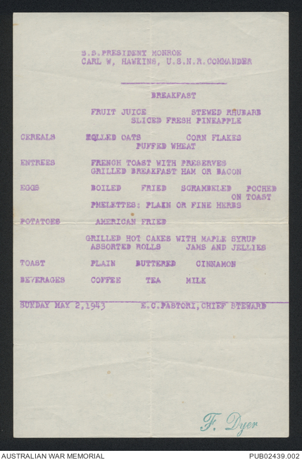 [Menu] SS President Monroe Breakfast Menu May 2 1943 | Australian War ...