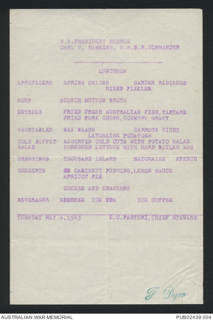 [Menu] SS President Monroe Luncheon Menu May 4 1943 | Australian War ...