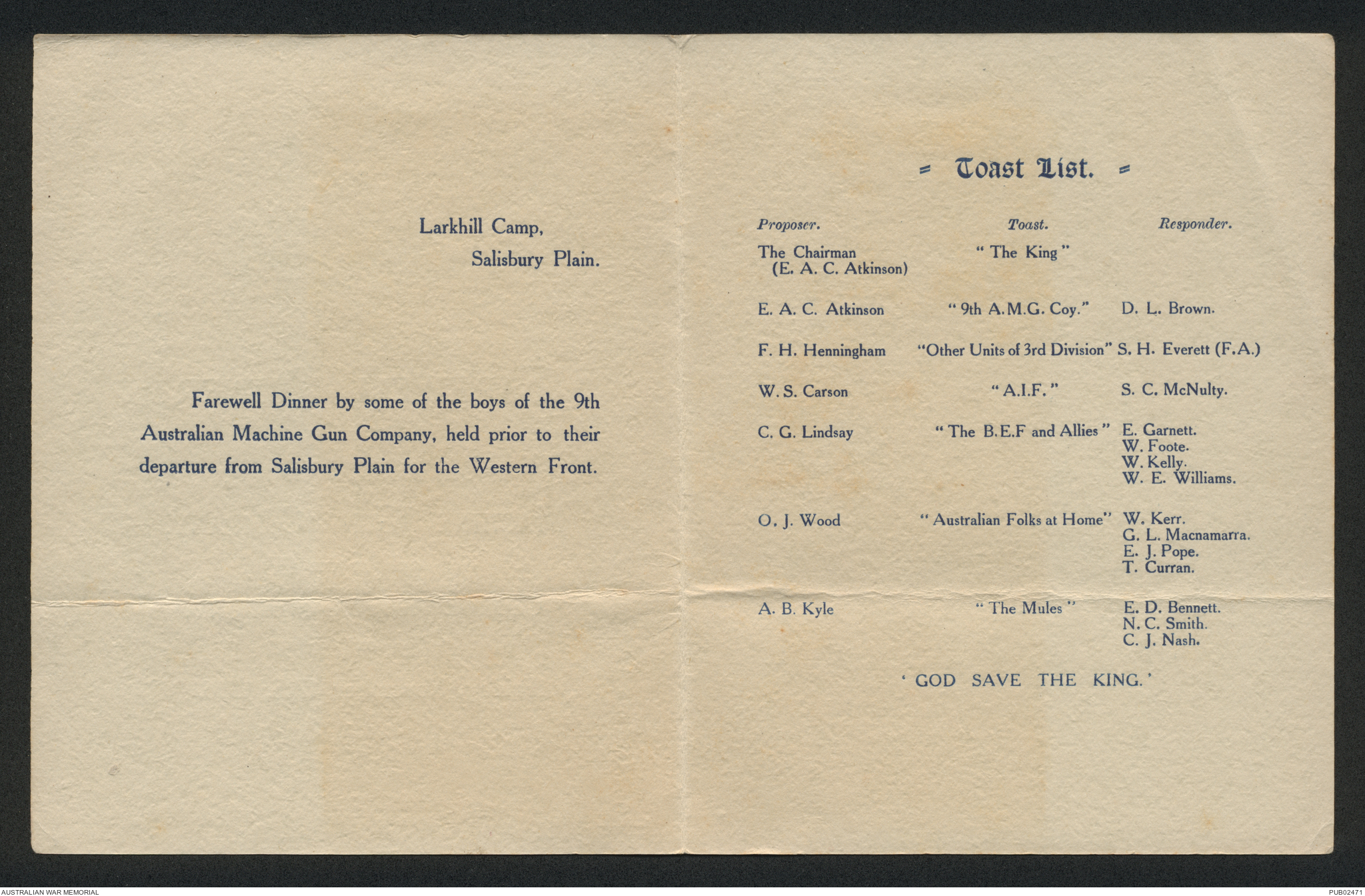 [Menu] Farewell Dinner of the 9th Australian Machine Gun Company ...