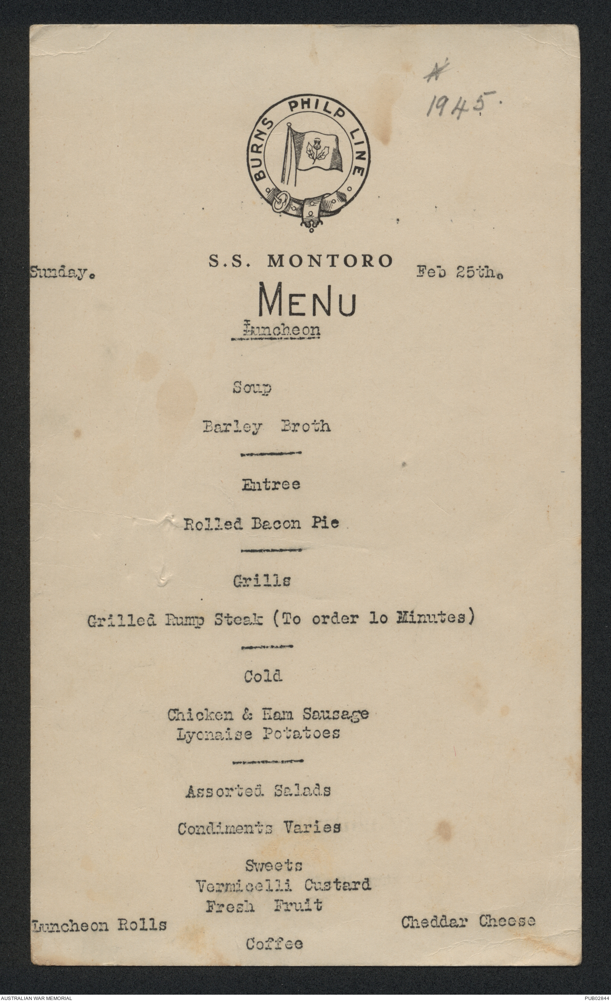 [Menu] S.S Montoro Menu Luncheon | Australian War Memorial